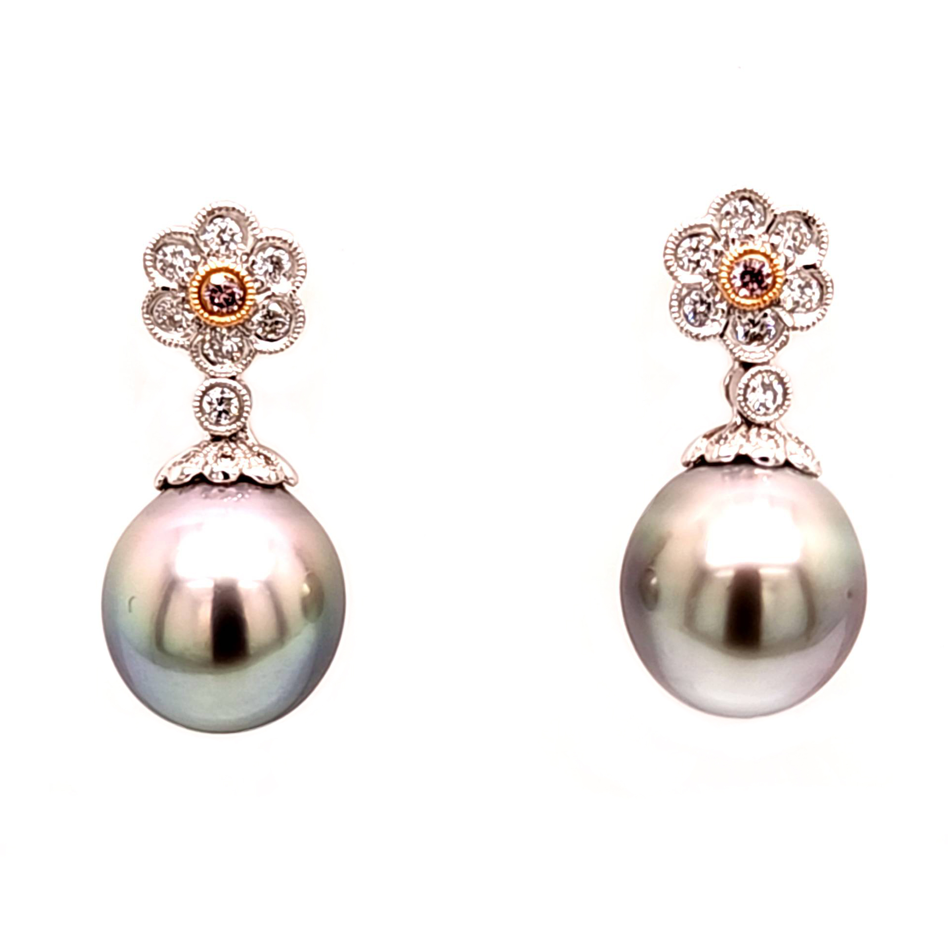 Denny Wong Platinum Tahitian Pearl and Pink Diamond Earrings